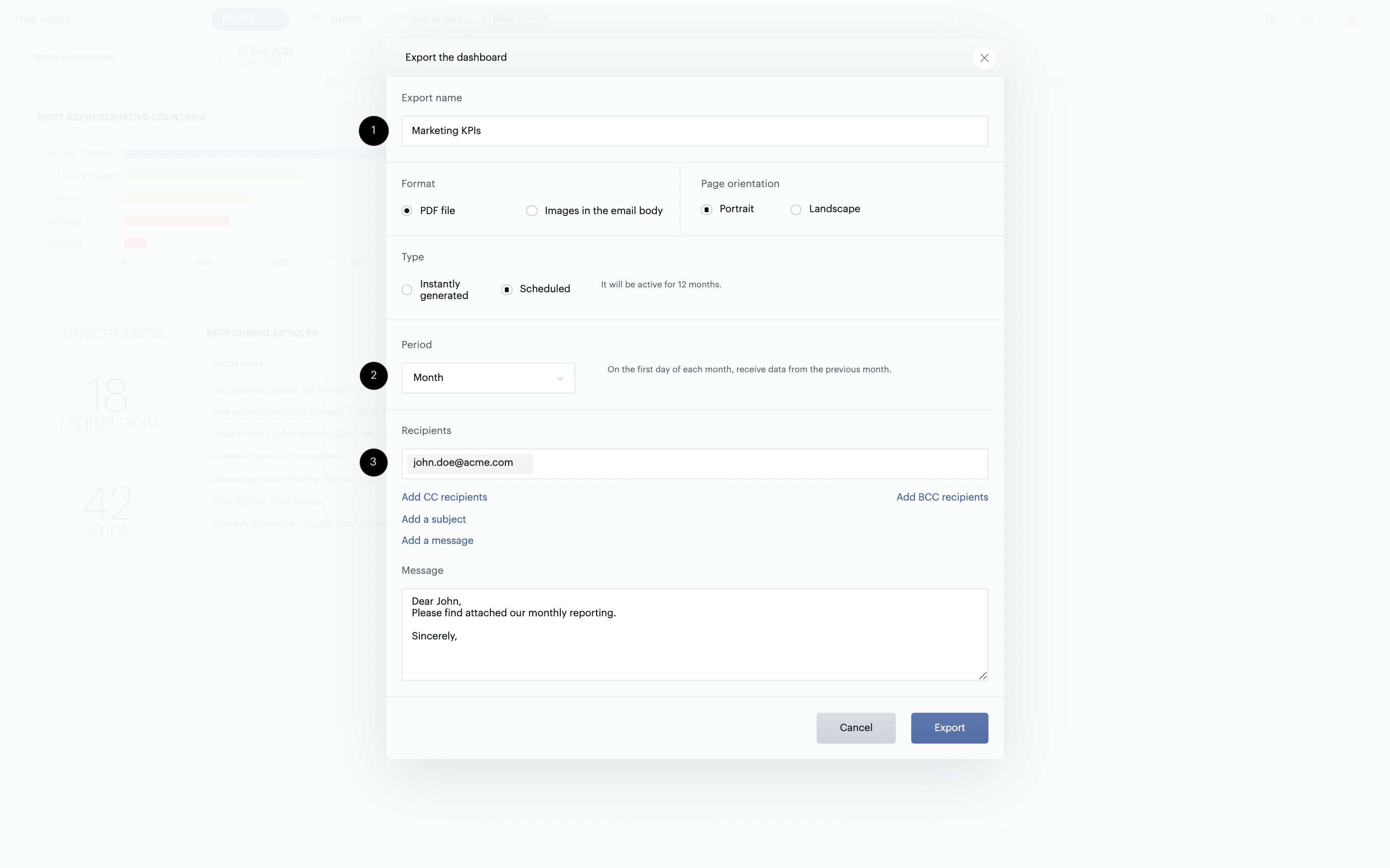 Display, share and export a dashboard